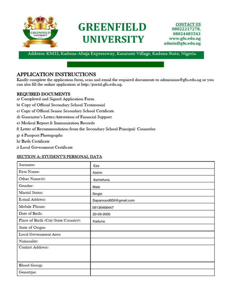 Greenfield University Application form 2019 | PDF | Bachelor Of Science