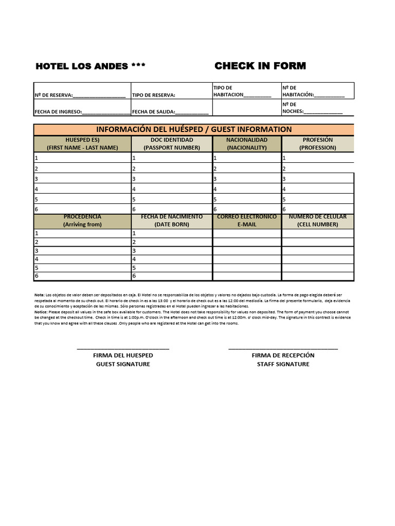 Formulario de Check In Hotel Los Andes | PDF