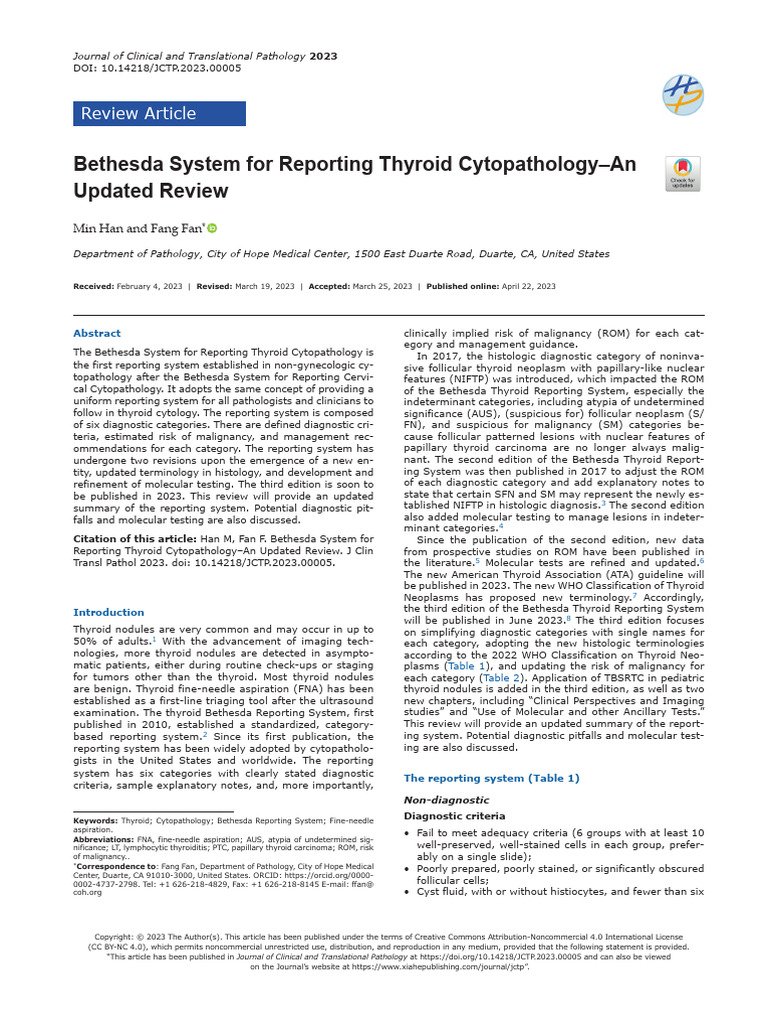 2023 - Bethesda System For Reporting Thyroid Cytopathology-An Updated Review | PDF ...