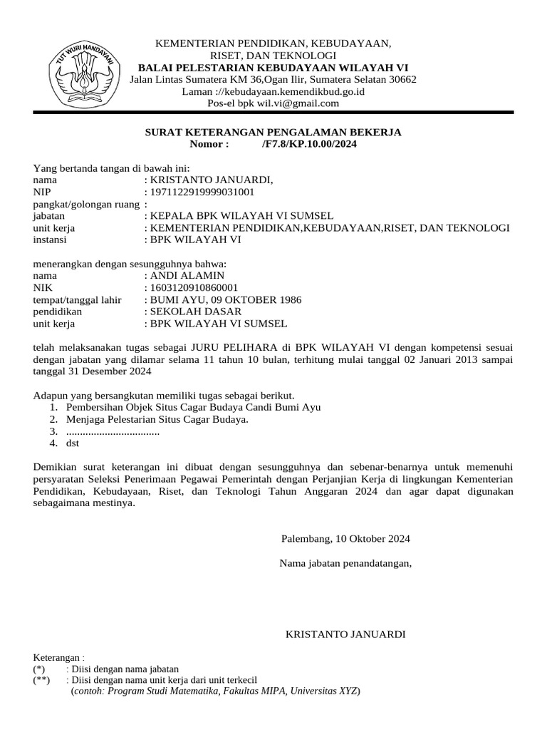 Format Surat Keterangan Pengalaman Kerja PPPK 2024 | PDF