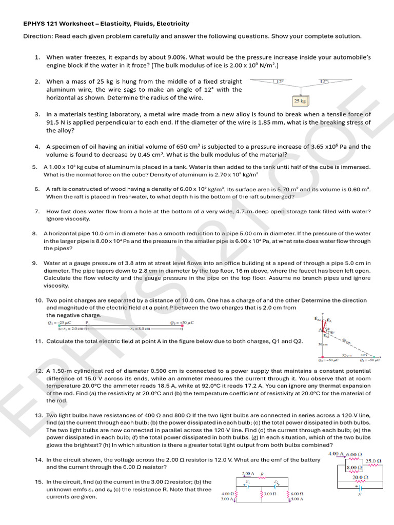 Lec Worksheet - Elasticity, Fluids, Electricity | PDF | Physical ...