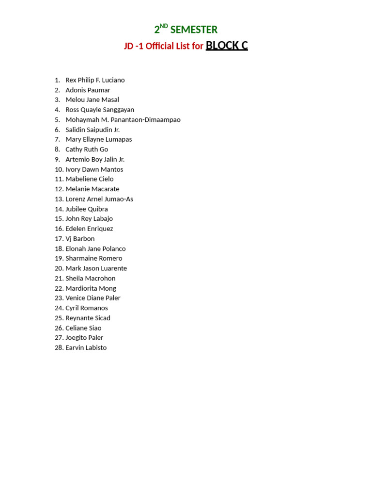 2nd Semester Block C Official List | PDF