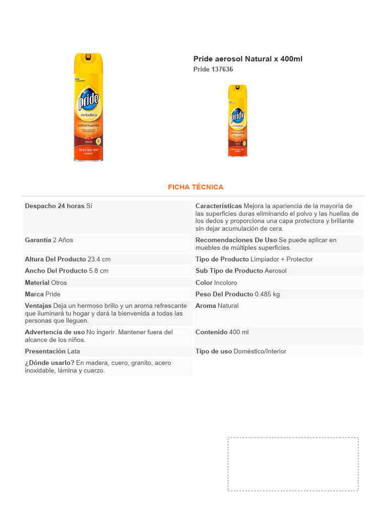 Ficha Tecnica Pride Aerosol Lustramuebles | PDF