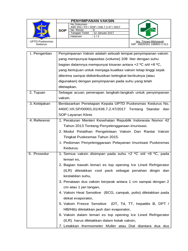 SOP Penyimpanan Vaksin FIX | PDF