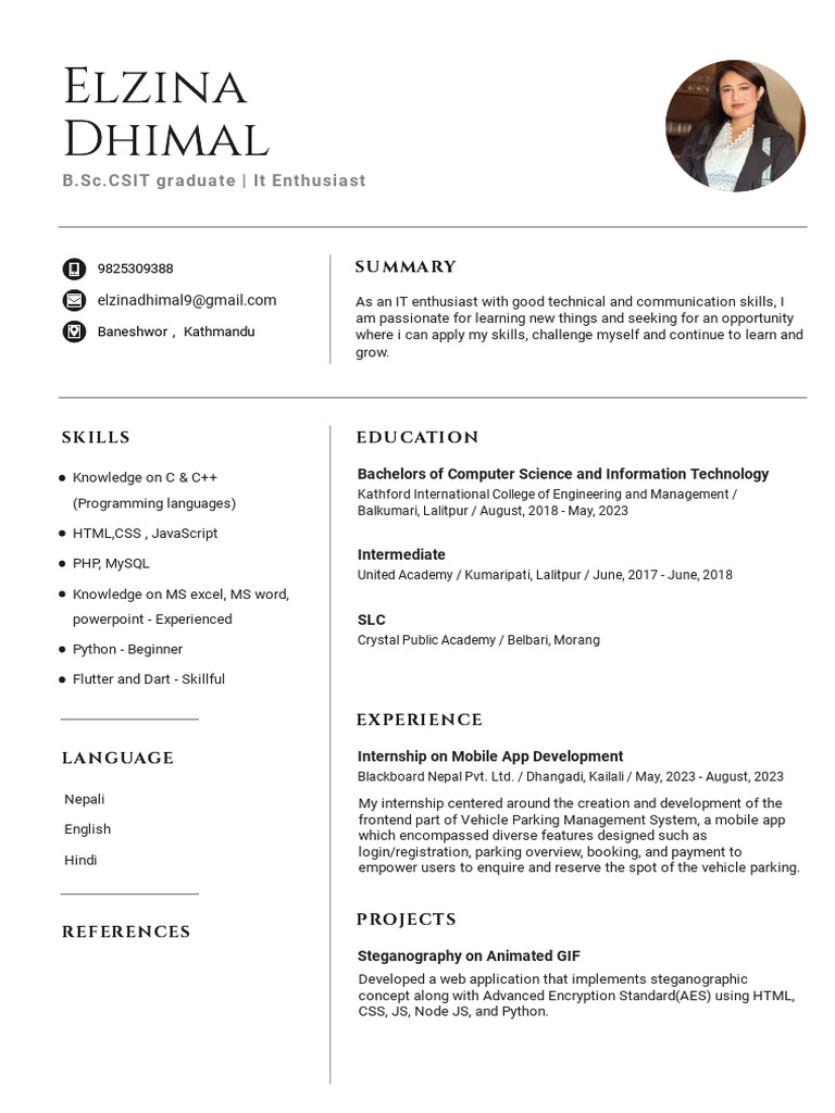 Elzina-Dhimal-cv (1) | PDF | Software Engineering | Computing