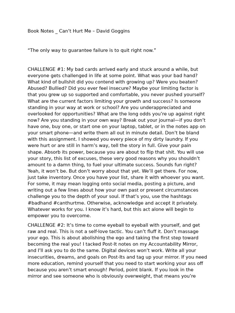 Book Notes - Can't Hurt Me - David Goggins | PDF | Mind | Bullying