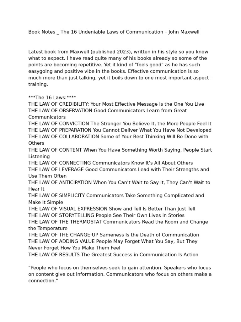 Book Notes - The 16 Undeniable Laws of Communication - John Maxwell | PDF