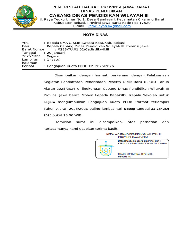 Edaran Pengajuan Kuota PPDB SMA-SMK Swasta | PDF