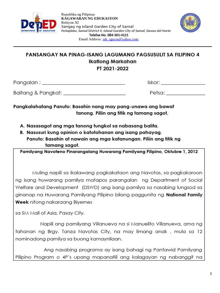 Grade 4 - Filipino-3rd-Quarter-Summative-Test SY-2021-2022 | PDF