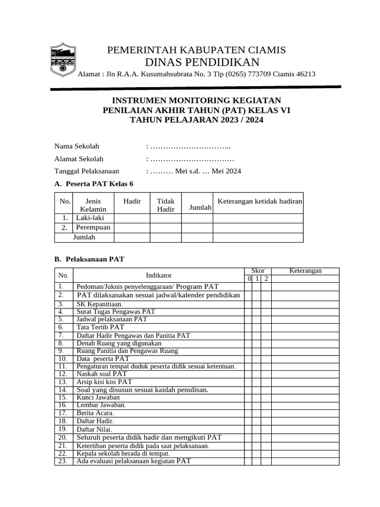 Instrumen-Monitoring PAT Kelas 6 TH 2024 | PDF