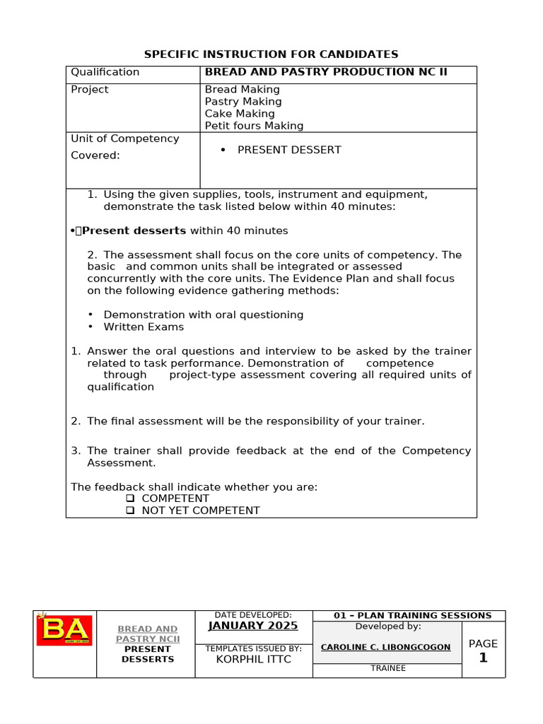 Bread and Pastry NC II Assessment Guide | PDF