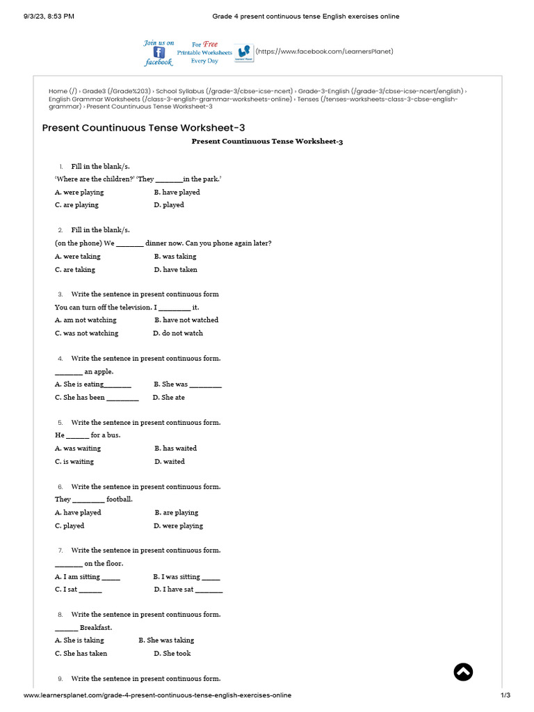 Grade 4 Present Continuous Tense English Exercises Online | PDF | Linguistics | Grammar
