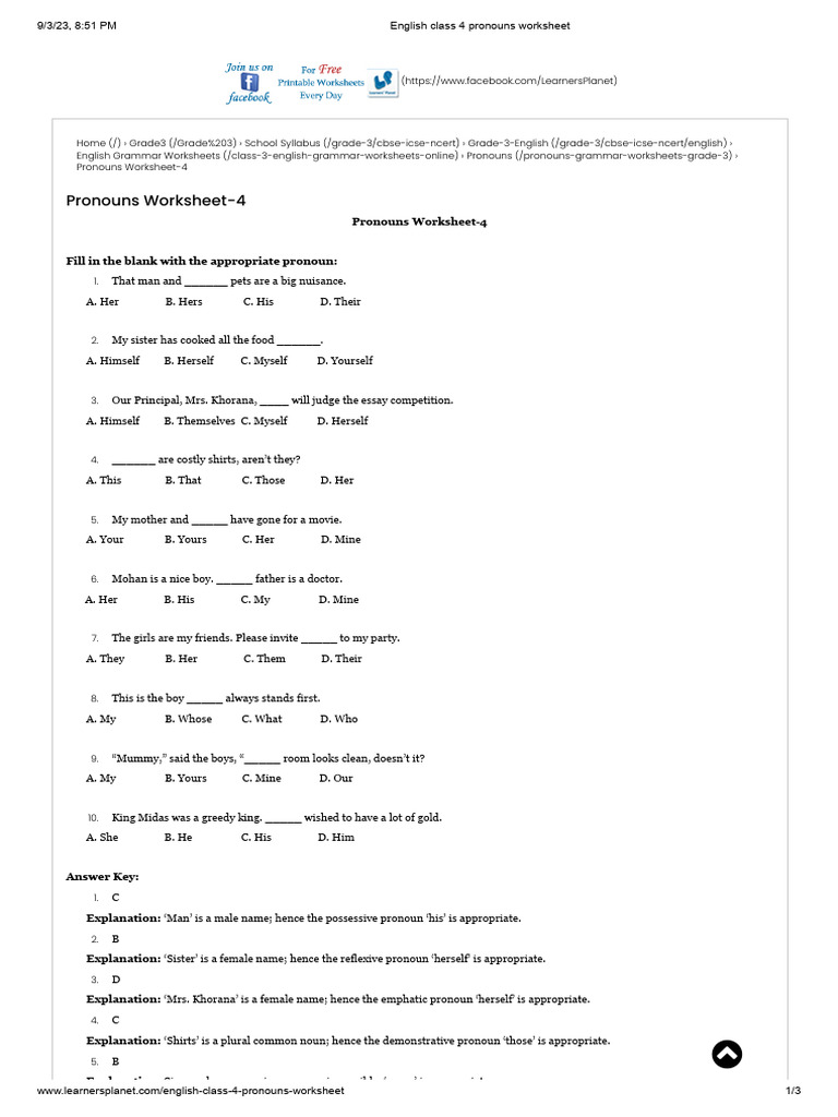 Class 4 Pronouns Worksheet with Answers | PDF | Pronoun | Syntactic ...