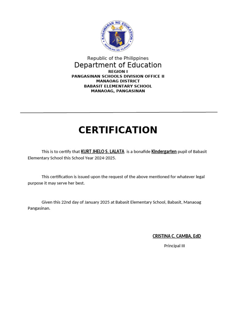 Babasit Elementary School Certifications | PDF