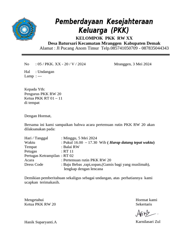 Undangan Pertemuan Rutin PKK RW 20 | PDF