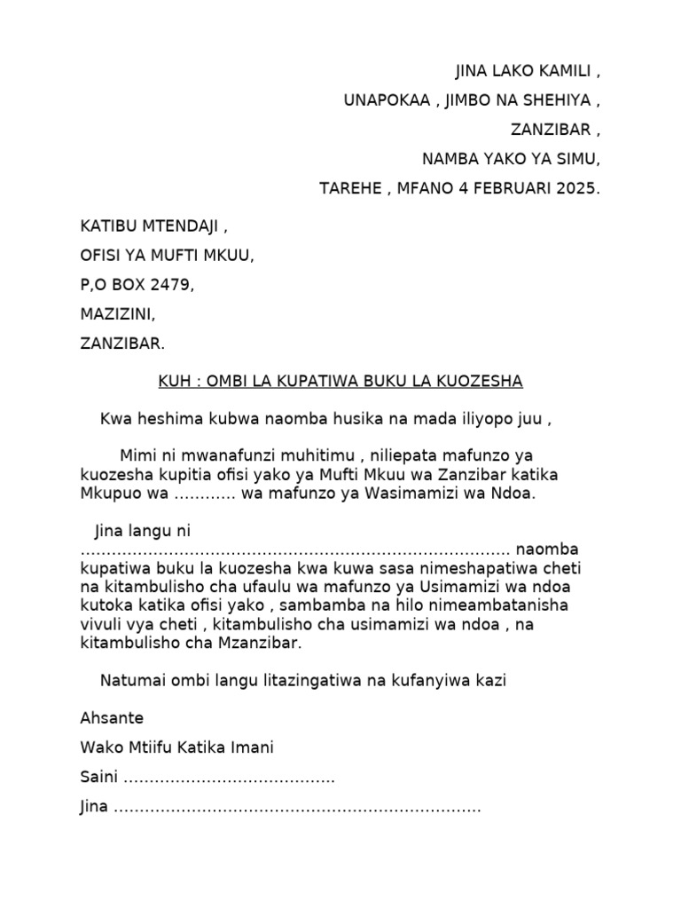 Mfano Wa Barua Ya Kuomba Daftari La Kuozesha | PDF