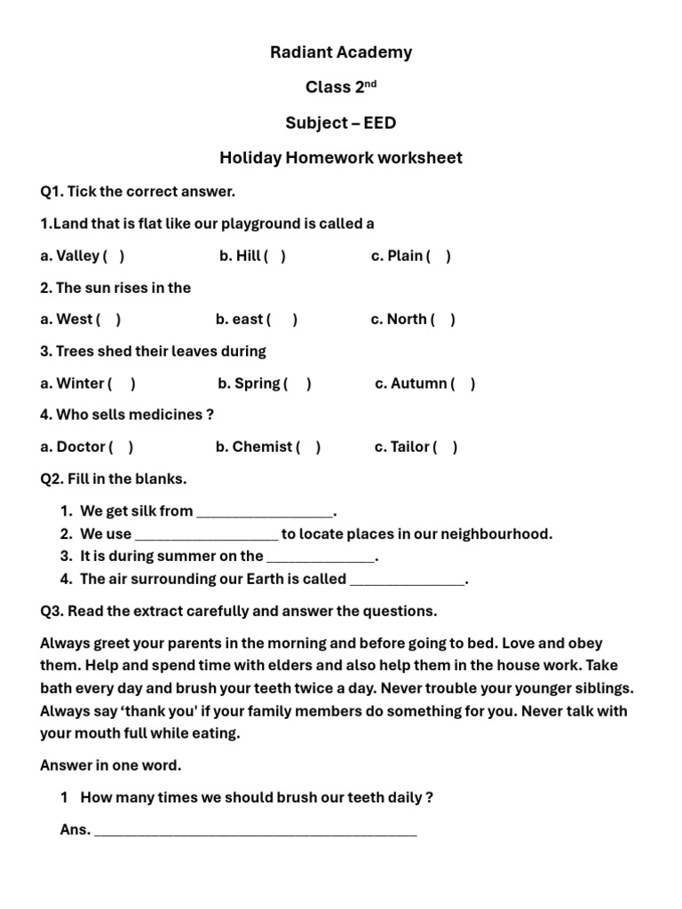 2nd Grade EED Holiday Homework | PDF
