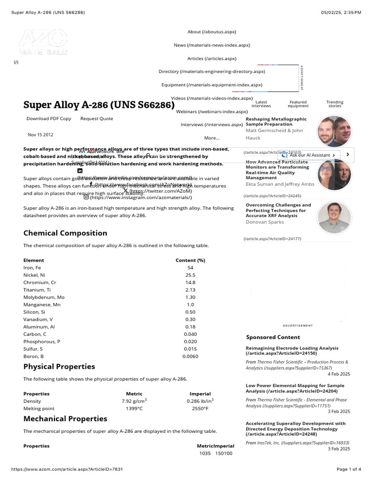 Overview of Super Alloy A-286 | PDF | Heat Treating | Alloy