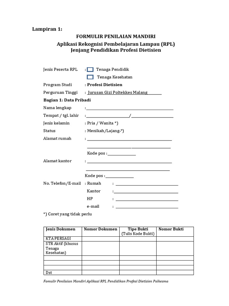 Formulir Penilaian Mandiri Aplikasi RPL Jenjang Pendidikan Profesi Dietisien Poltekkes Kemenkes ...