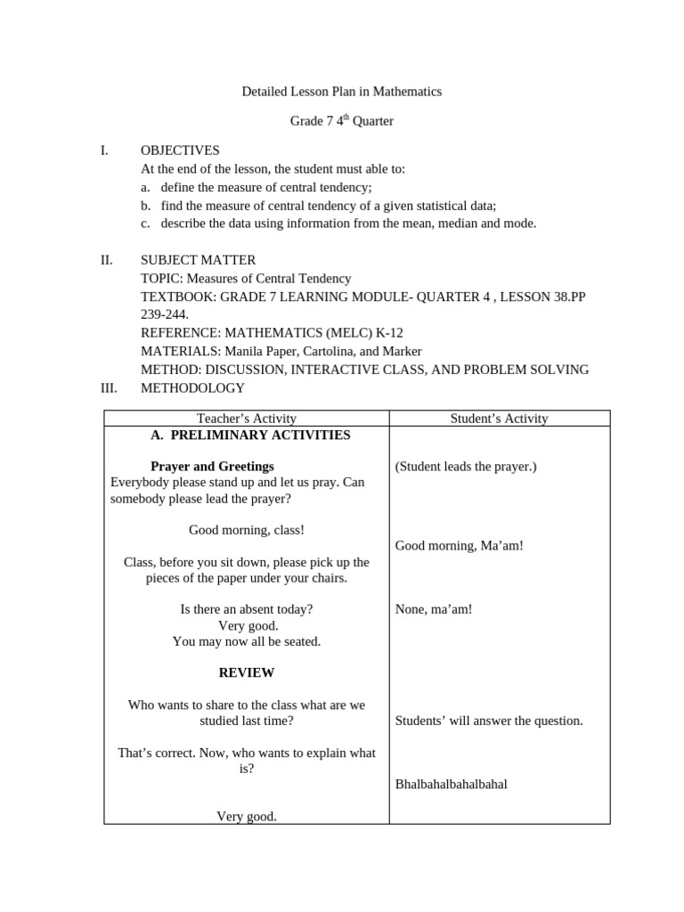Grade 7 Lesson Plan: Central Tendency | PDF | Arithmetic Mean | Average