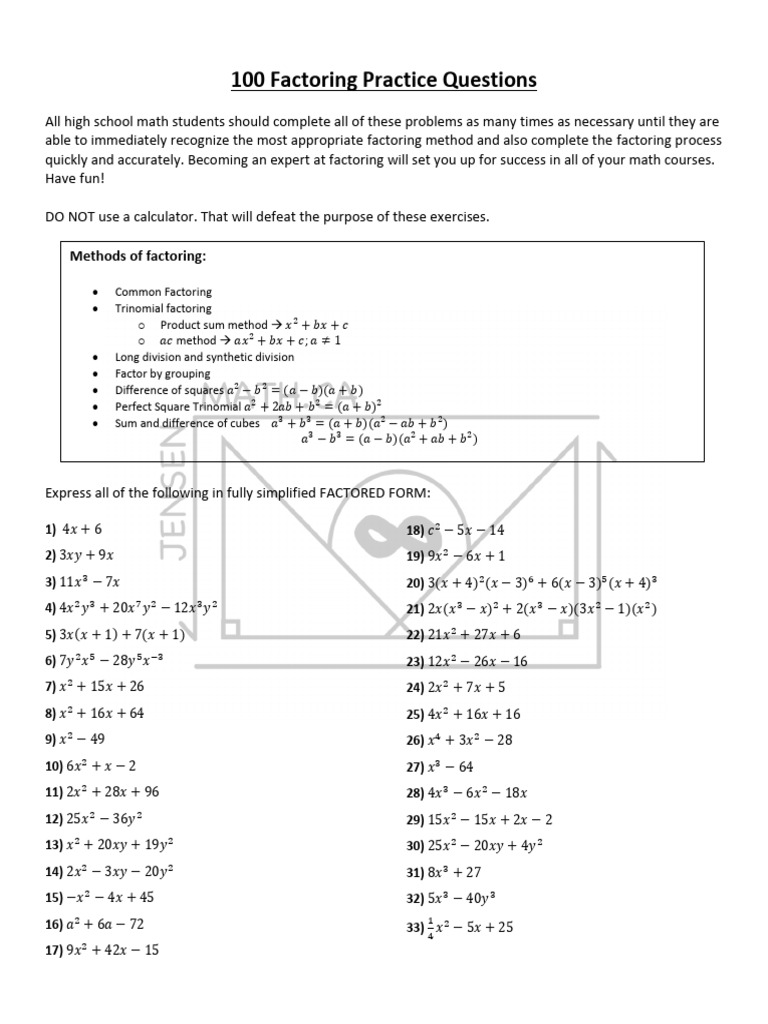 100 Factoring Practice Questions | PDF