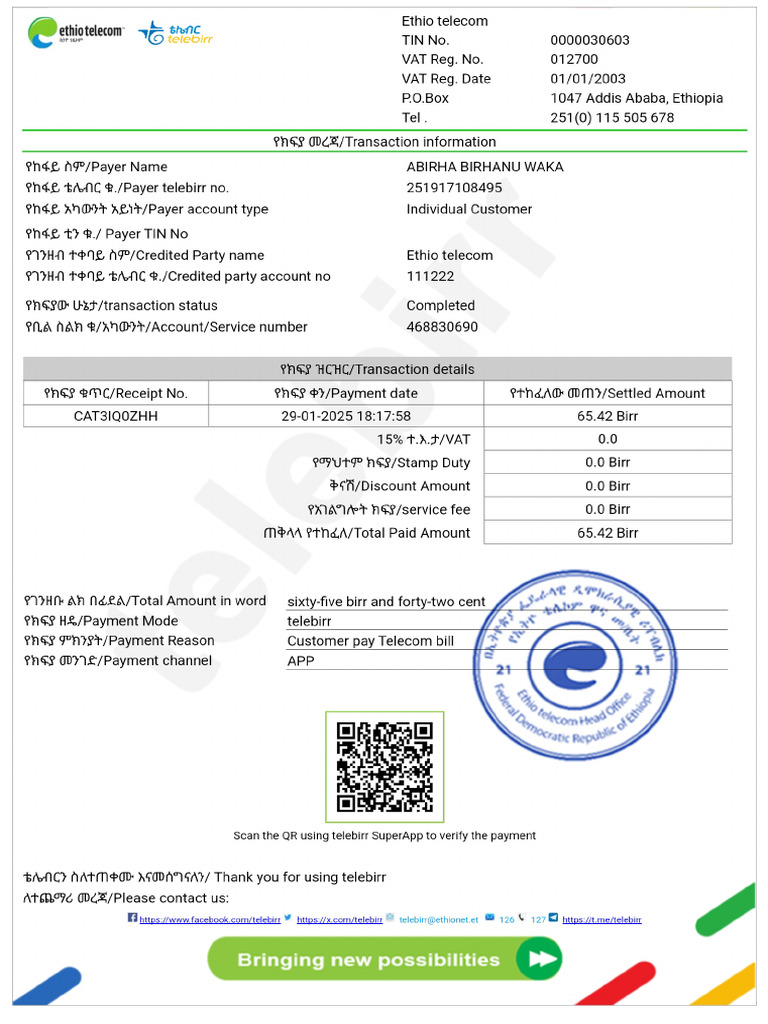 Telebirr_Customer Pay Telecom Bill | PDF
