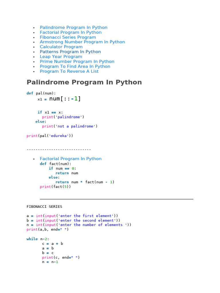 Python Programs: Palindrome, Factorial, More | PDF