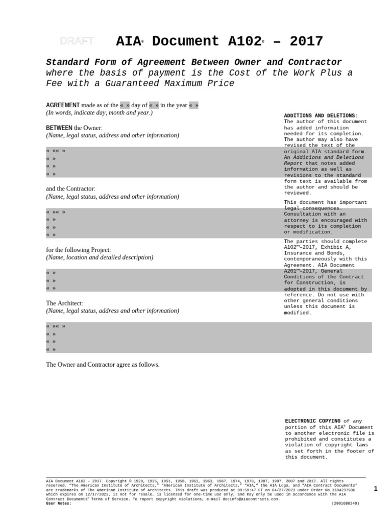 A102-2017 - Working Draft - 001 (2) | PDF | General Contractor | Employment