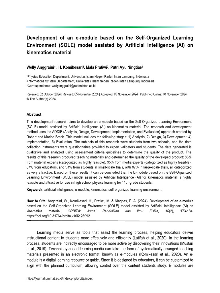 Development of an e-module based on the Self-Organized Learning Environment (SOLE) model ...