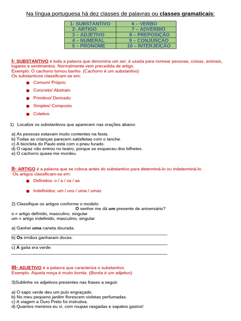 Classe Gramatical Das Palavras | PDF | Classe gramatical | Substantivo