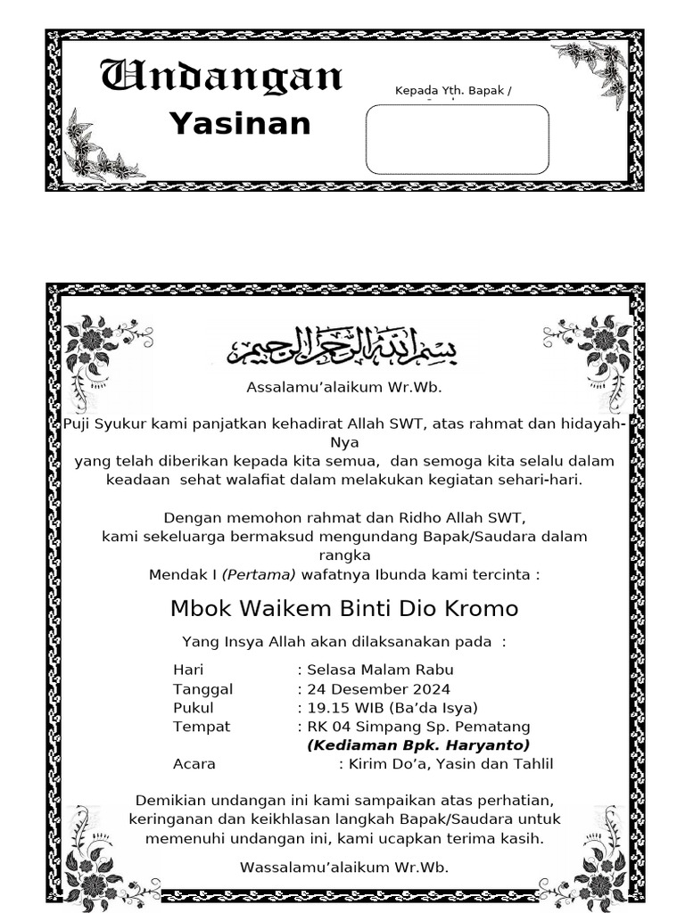 Undangan Yasinan dan Tahlil 40 Hari | PDF
