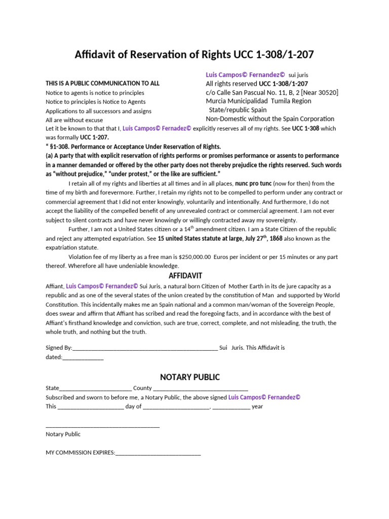 Affidavit of Reservation of Rights UCC 1 CTA | PDF | Affidavit | Government