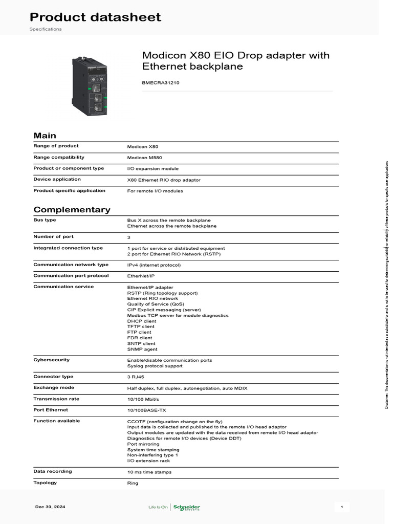 BMS Modicon M580 PLC BMECRA31210 Specification Sheet | PDF | Port ...
