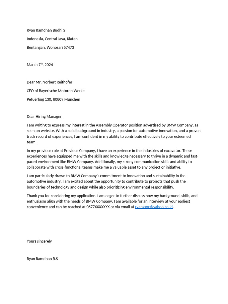 application letter ryan CSO | PDF