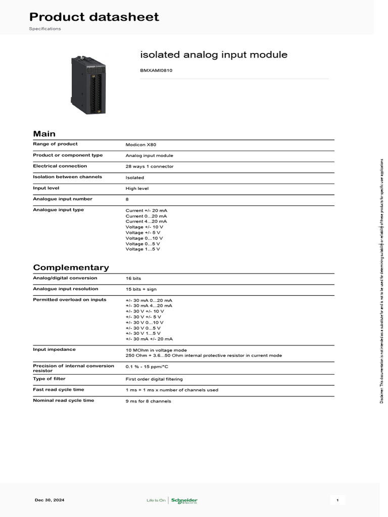 BMS Modicon M580 PLC BMXAMI0810 Specification Sheet | PDF | Resistor ...
