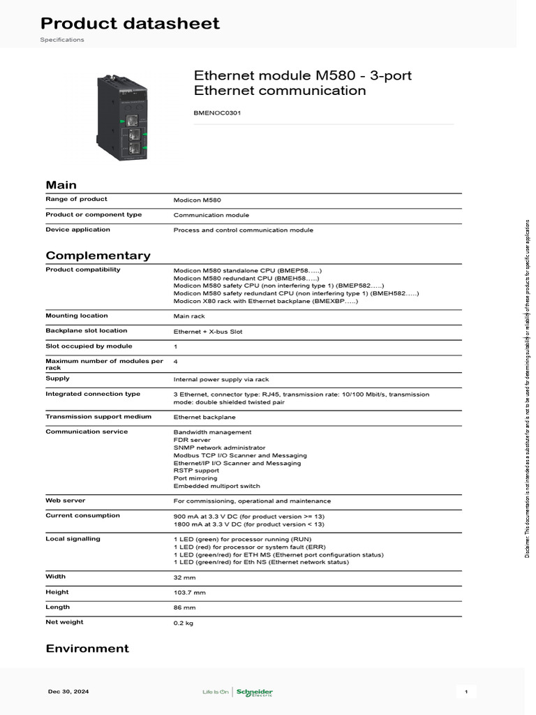 BMS Modicon M580 PLC BMENOC0301 Specification Sheet | PDF | Programmable Logic Controller | Ethernet