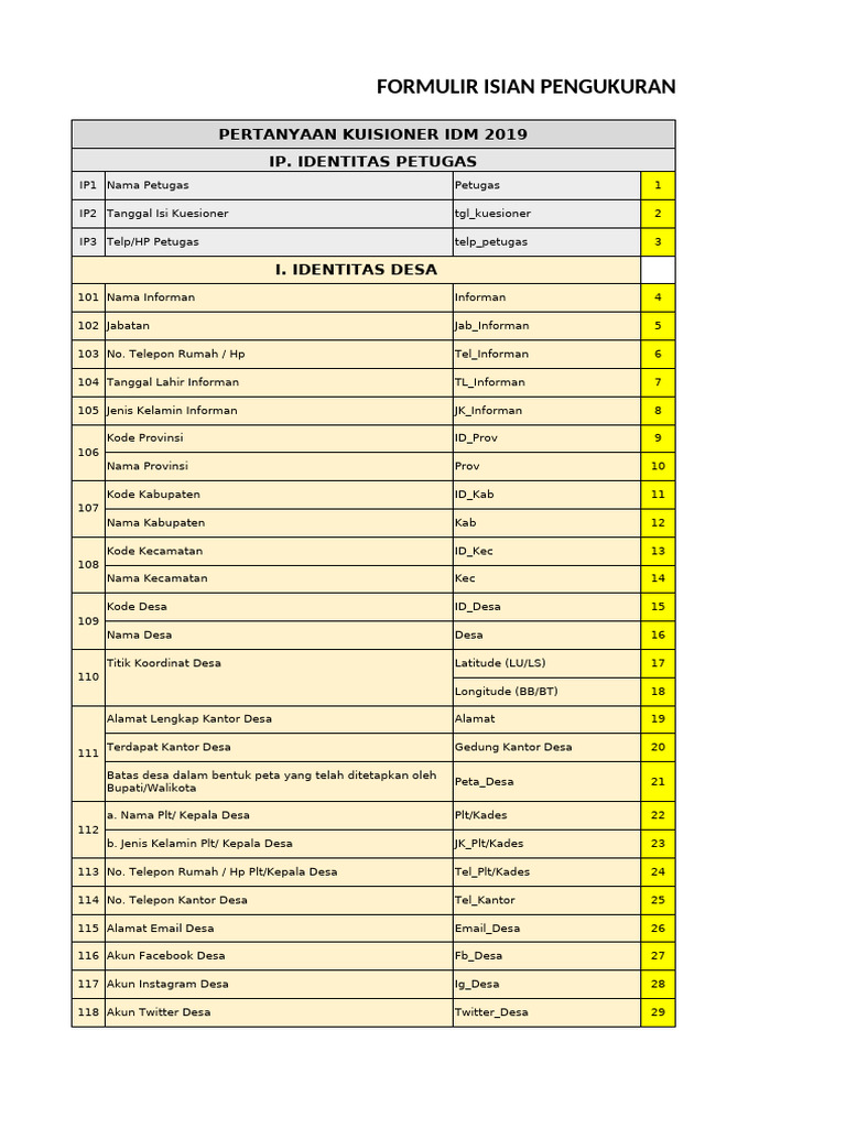 Form Kuisioner Status Desa Tumbang Hiran Idm 2019 | PDF