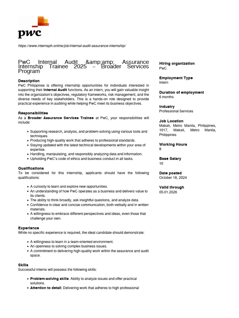 PWC PWC Internal Audit Ampamp Assurance Internship Trainee 2025 Broader Services Program October ...
