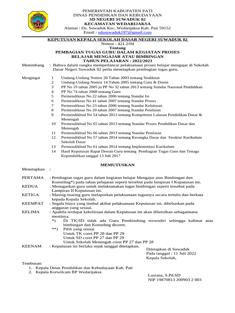 SK Pembagian Tugas Guru 2020 2022 BR | PDF