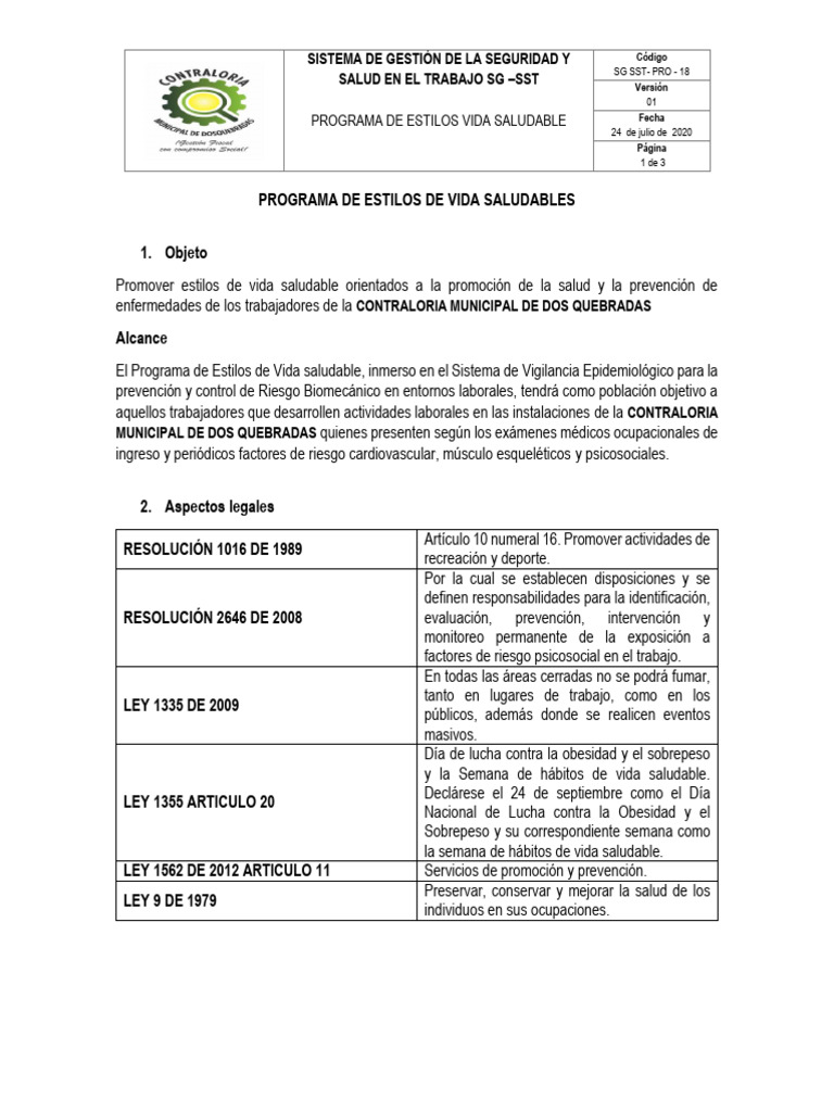 PRO - 18 Programa Estilos de Vida Saludable V1 | PDF | Obesidad | Especialidades Medicas