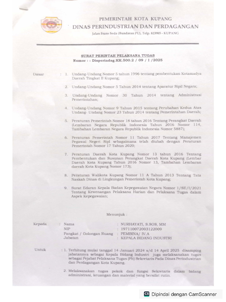 SK. PLH. Sekretaris Dinas Perindag | PDF