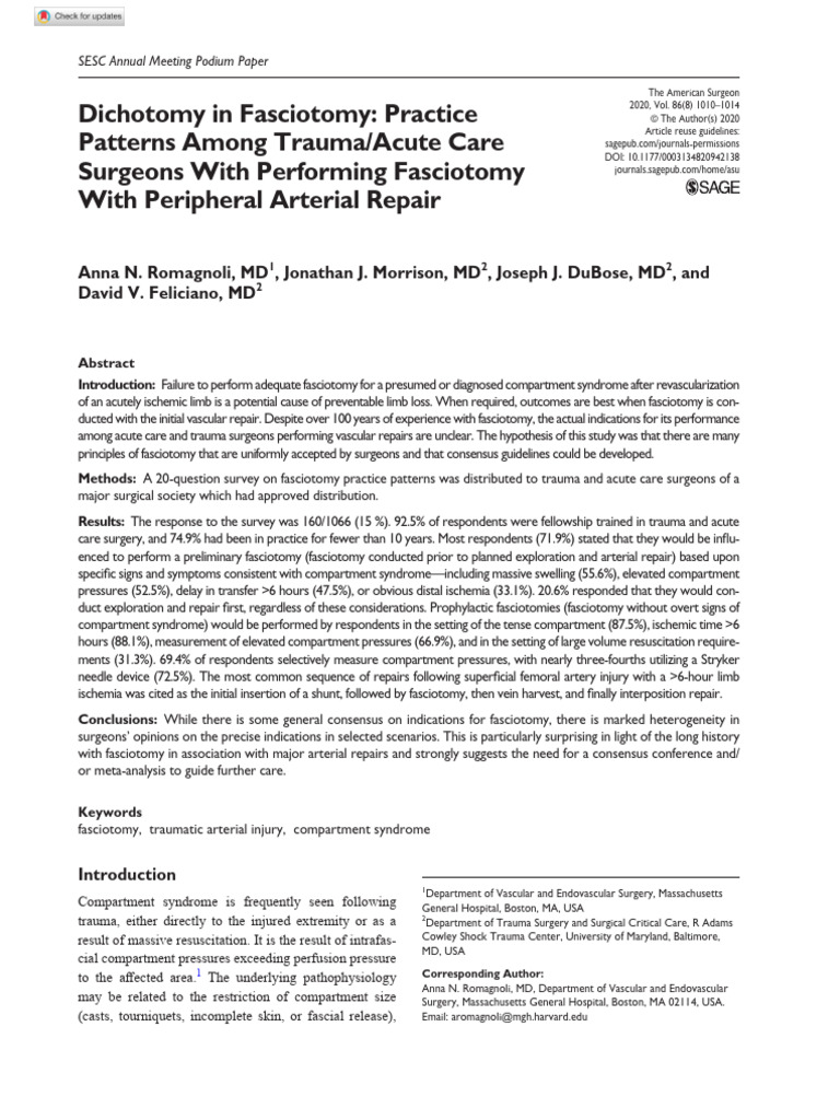 Dichotomy in Fasciotomy: Practice Patterns Among Trauma/Acute Care ...