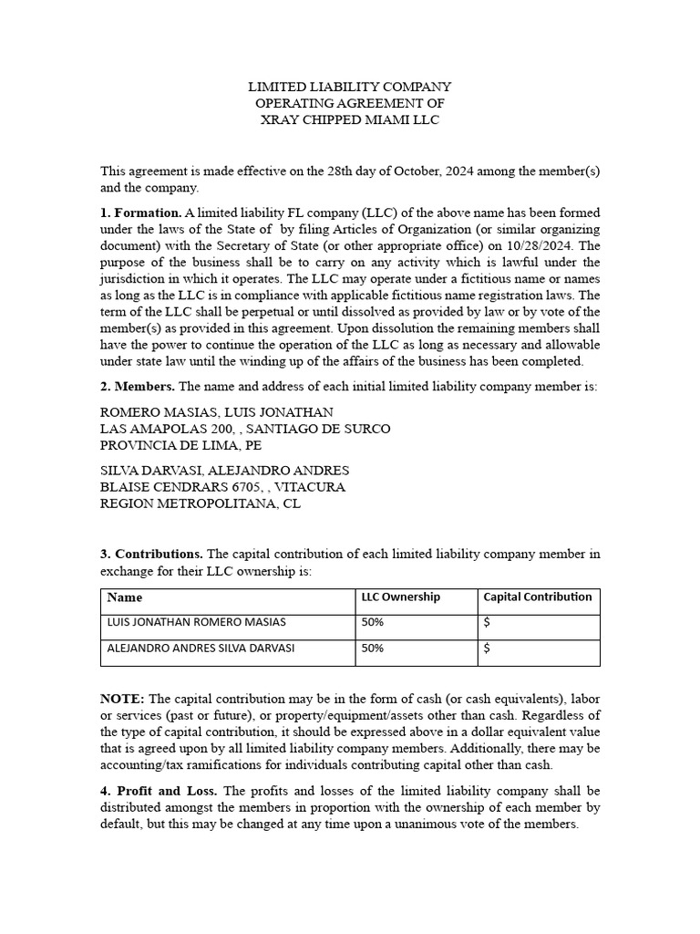 Operating Agreement for XRAY Chipped Miami LLC | PDF | Indemnity ...