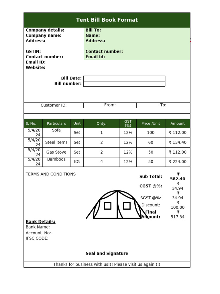 Tent House Bill Book Format 1 | PDF