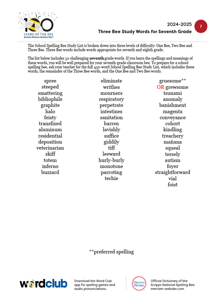 7th Grade Spelling Bee Word List 2024 | PDF | Orthography | Spelling