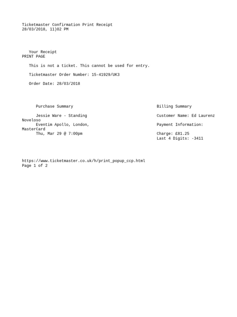 Ticketmaster Order Confirmation Receipt | PDF