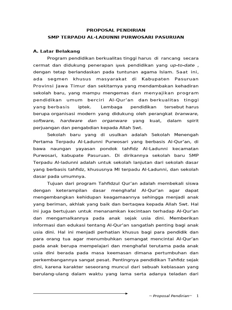 PROPOSAL PENDIRIAN SMP TERPADU AL-LADUNNI FD | PDF