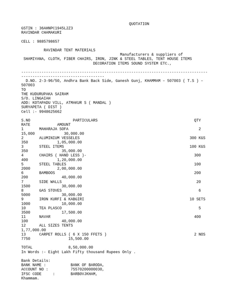 Quotation For Tent Material | PDF | Textiles | Materials