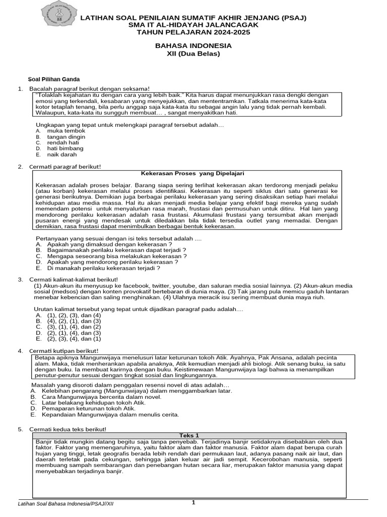 Soal PSAJ Bahasa Indonesia 2025 | PDF