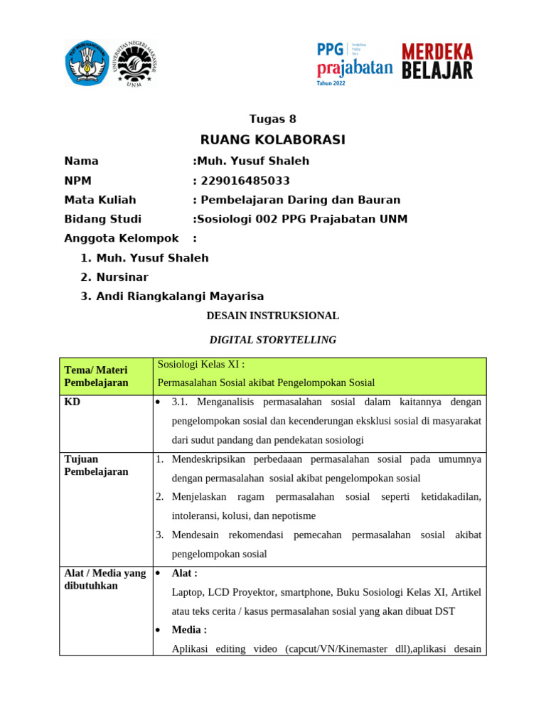Tugas 8-Ruang Kolaborasi (Rancangan Desain Instruksional DST & LC) | PDF
